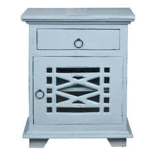Solid Wood Side or Night Table, Distressed Beach Blue Solid Wood ...