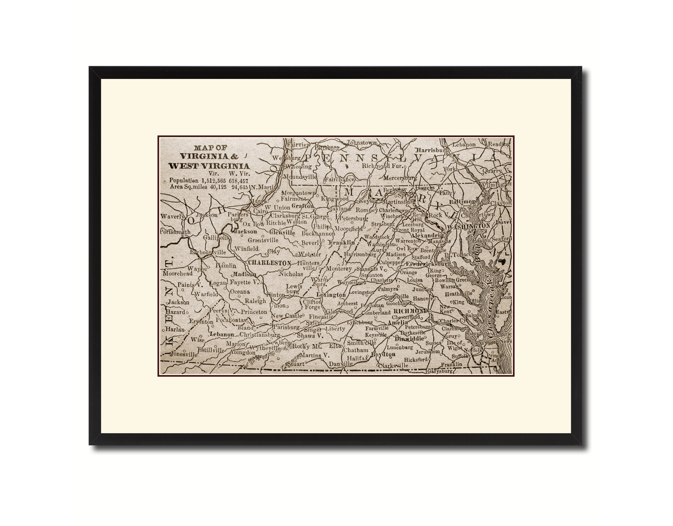 Virginia West Virginia Vintage Sepia Map Canvas Print, 16"x21 ...