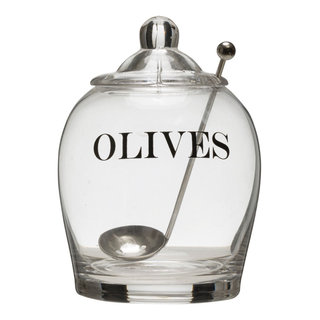 Clear Glass "OLIVE" Jar, Lid and Slotted Stainless Steel Spoon ...
