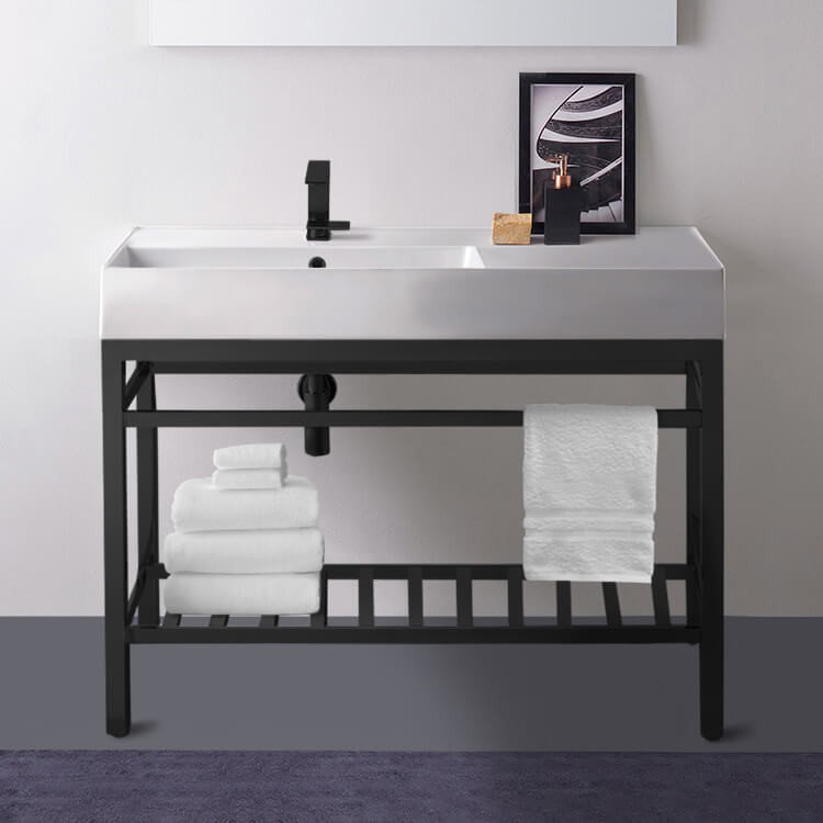 Modern Ceramic Console Sink With Counter Space and Matte Black Base ...