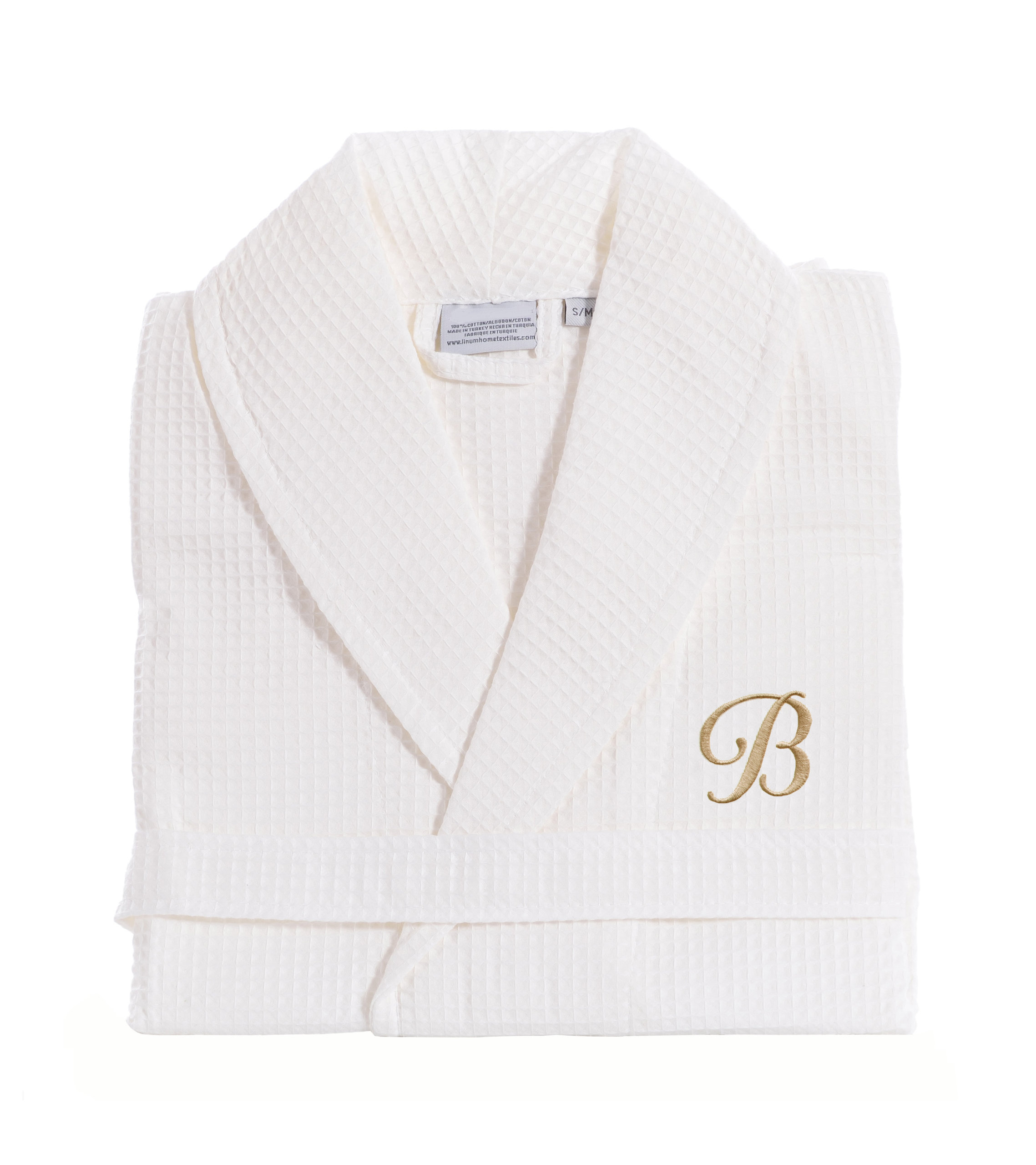 White Unisex Waffle Weave Monogram Bathrobe With Gold Font, Large ...