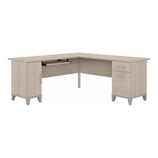 Pemberly Row 72W L Shaped Desk with Storage in Sand Oak - Engineered ...