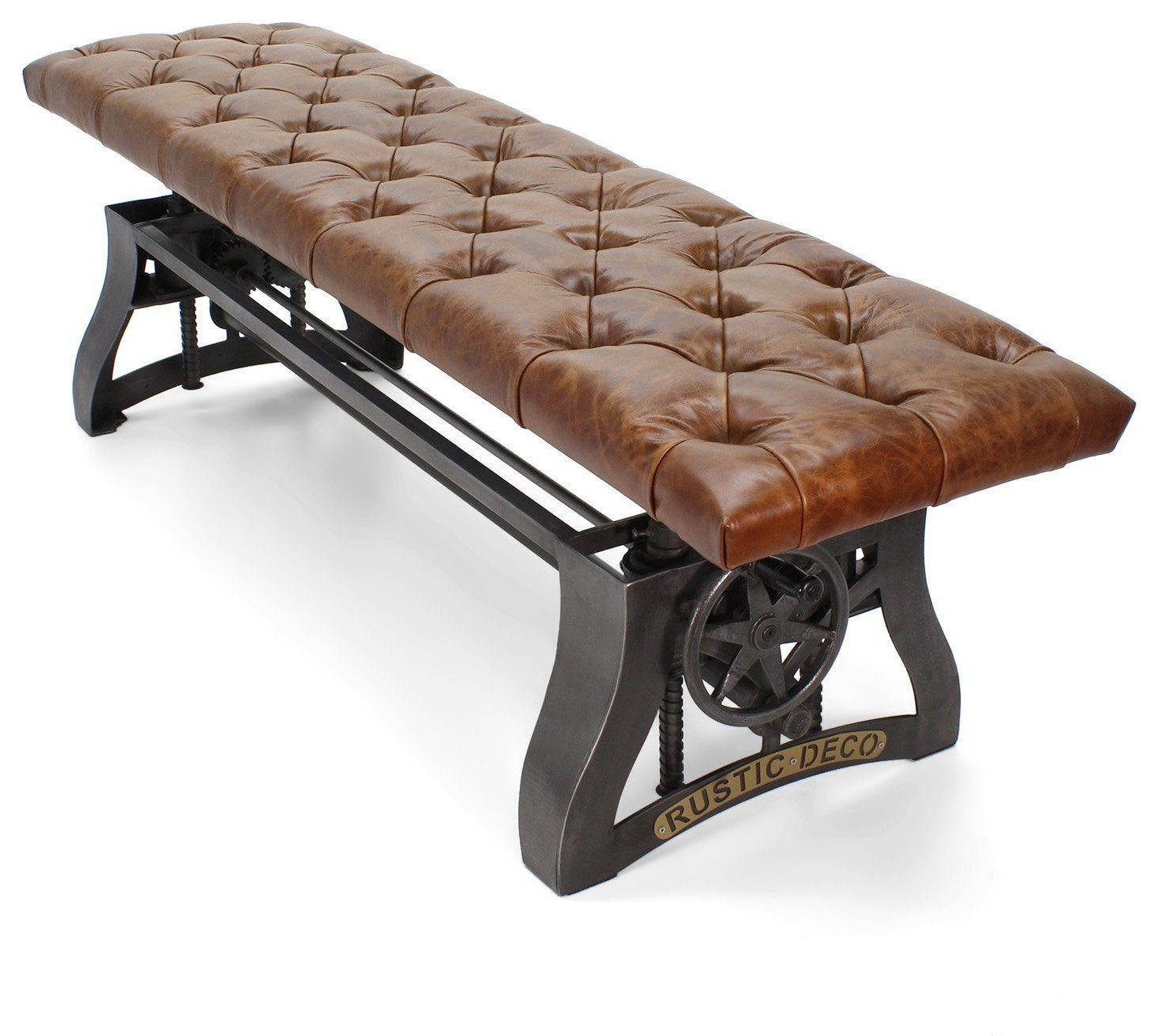 Crescent Industrial Dining Bench - Adjustable Iron Base - Brown Leather ...