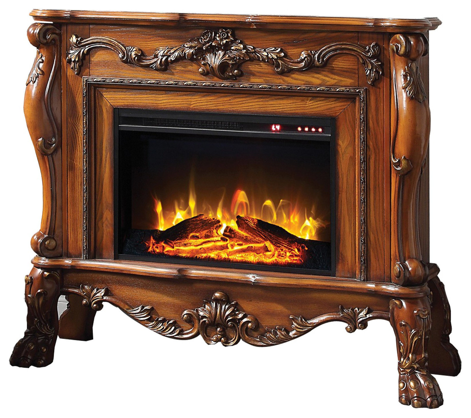 Benzara BM280285 Electric Fireplace, Scrolled Trim, Remote, Timer, Oak ...