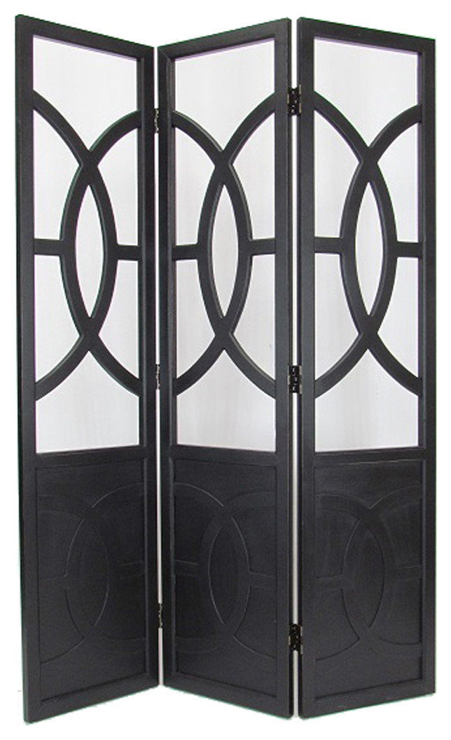 3 Panel Wooden Frame Screen with Interconnected Cut Out, Antique Black ...