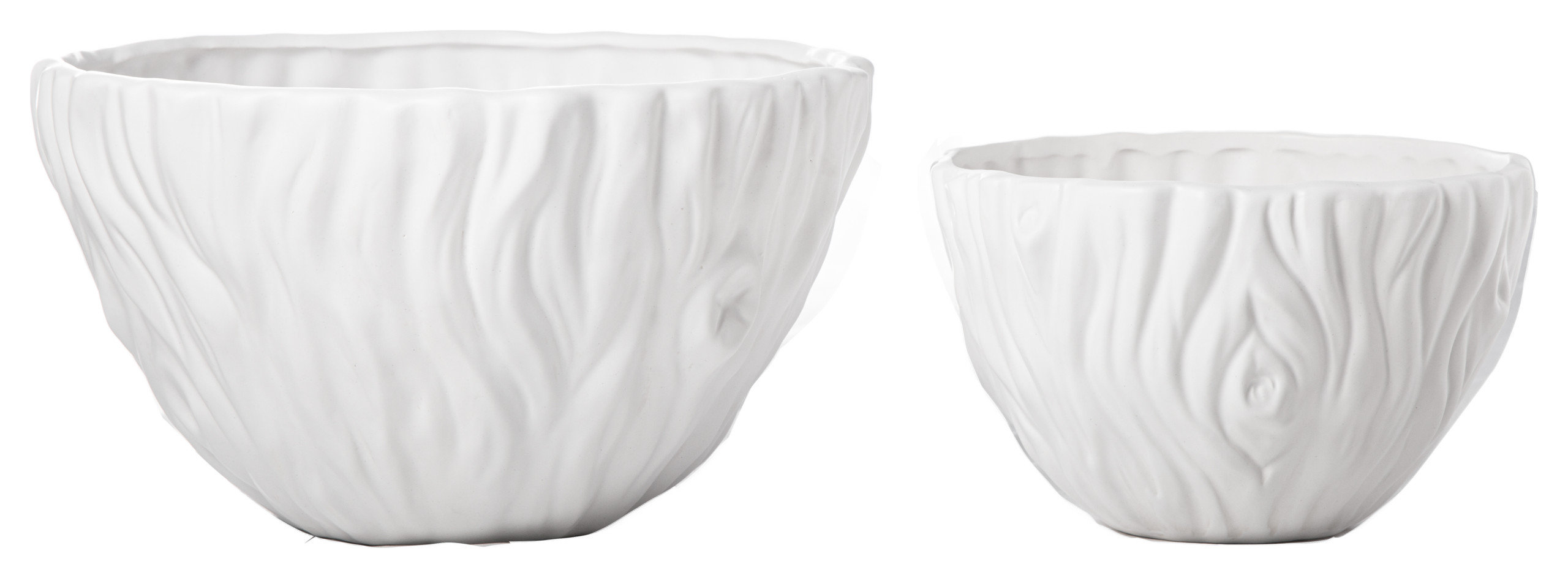 Round Ceramic Pot Molded in Tree Texture Matte White Finish, Set of 2 ...