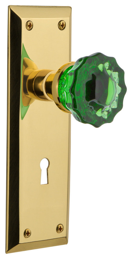 New York Plate, Interior Mortise Crystal Emerald Glass Knob, Unlaquered ...