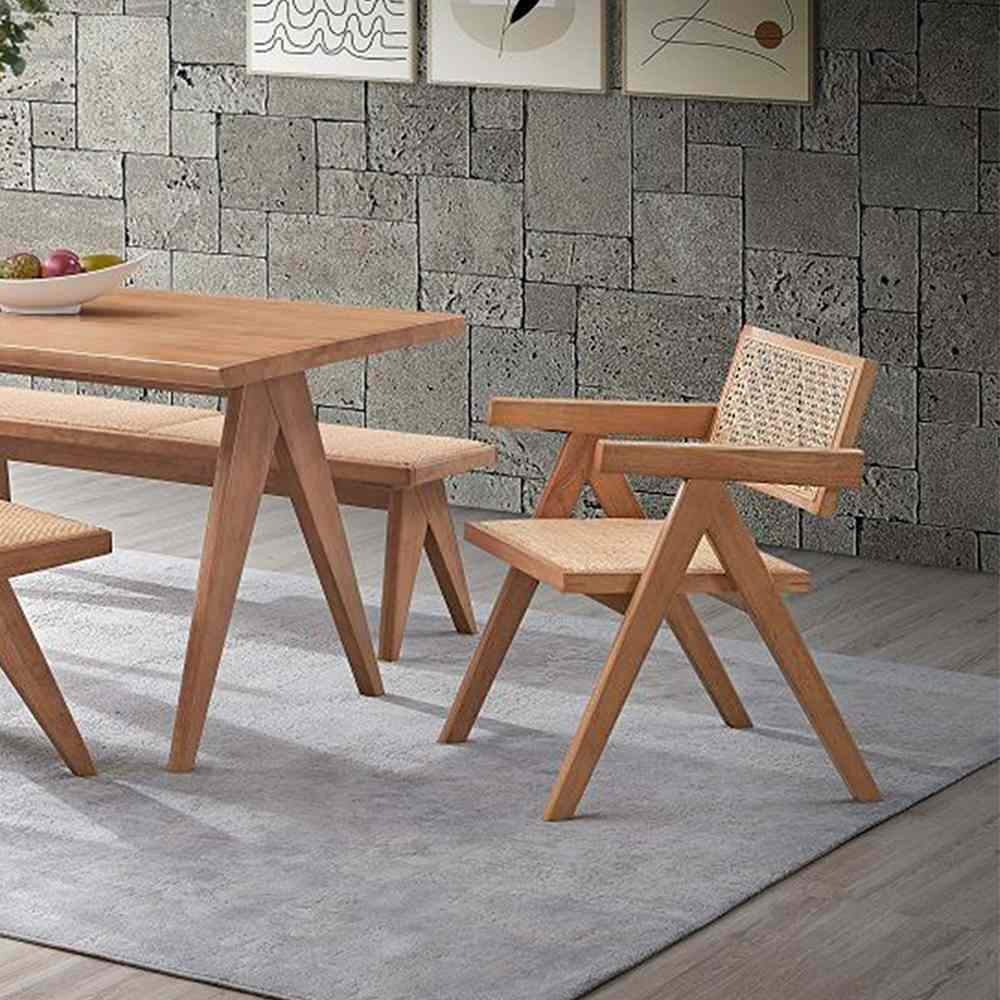 Set of 2 Upholstered Dining Armchairs with Rattan Back in Natural ...