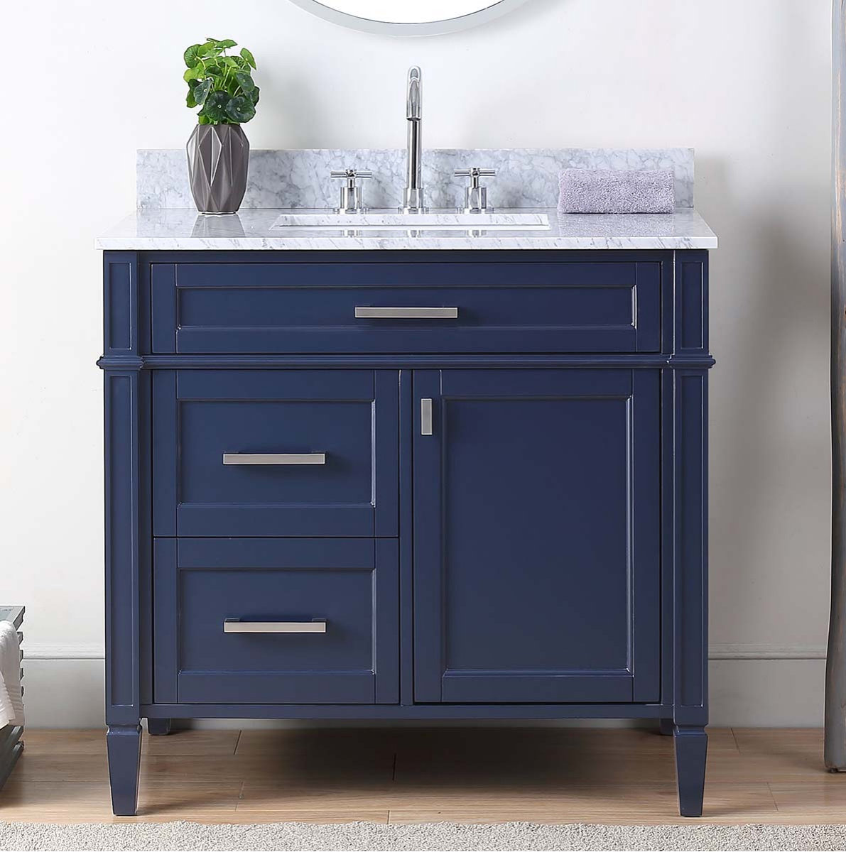 36 Inch Durand Modern Navy Blue Bathroom Sink Vanity with Stone Counter ...