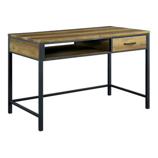 One Drawer Wooden Computer Desk With Metal Framework, Brown and Black ...