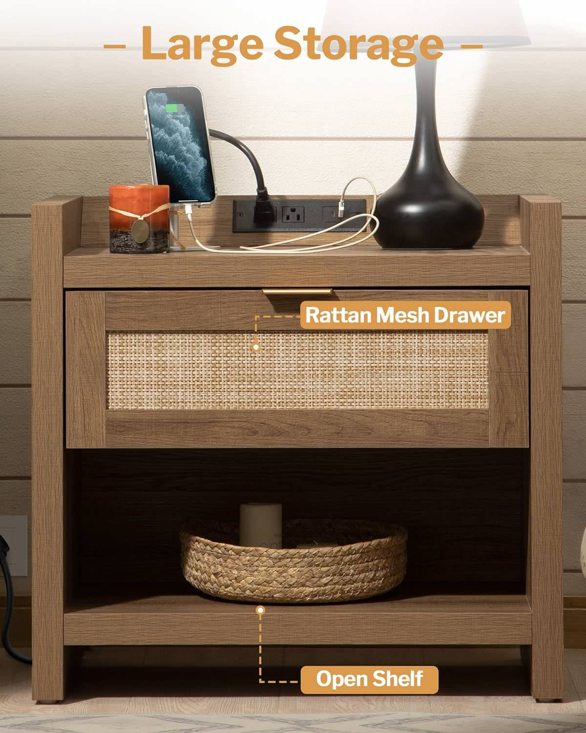 Set of 2 Nightstand, Charging Station & Drawer With Rattan Front ...
