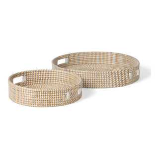 Kalama Set of 2 Large Round Seagrass Trays With Handles - Beach Style ...