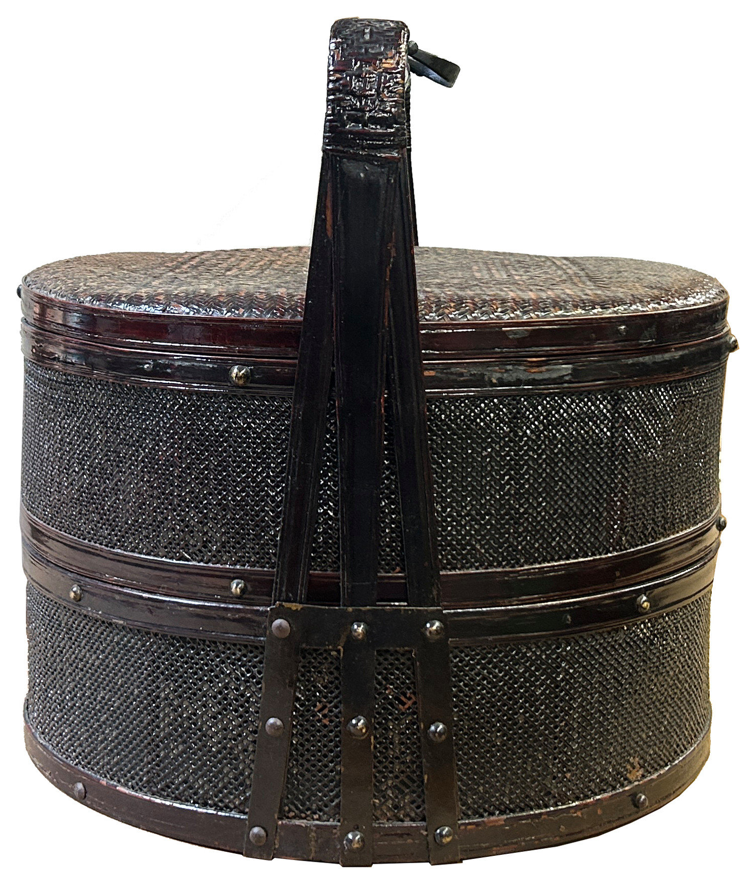 Large Vintage Oriental Handmade Brown Rattan Stack Basket with Handle ...