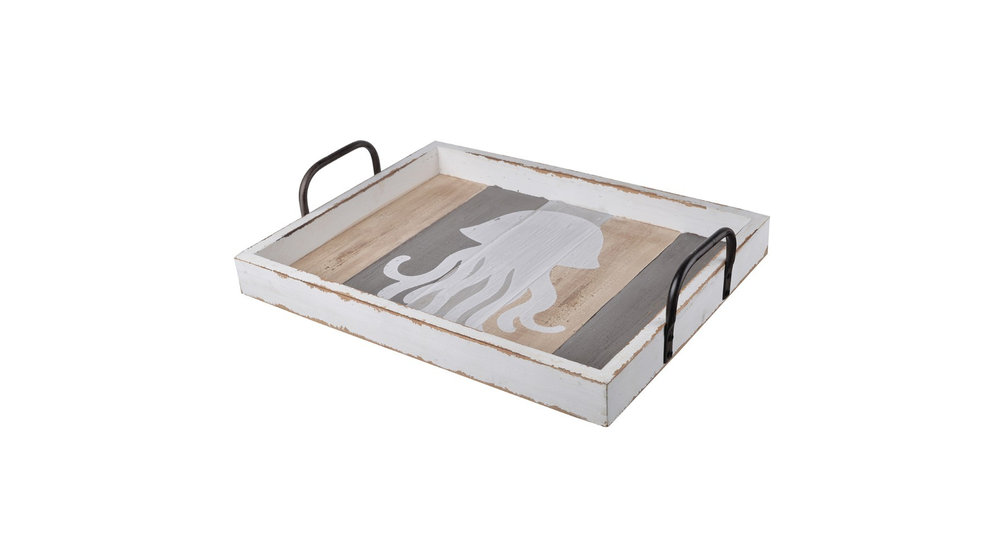 Wooden Tray With Octopus Design, Multicolor - Beach Style - Serving ...