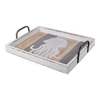 Wooden Tray With Octopus Design, Multicolor - Beach Style - Serving ...