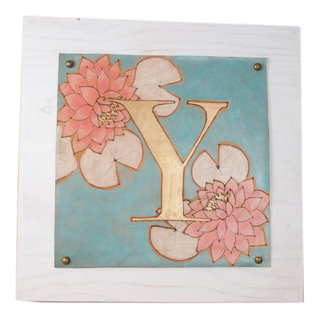 Leah Pattern With Lotus Flowers Wall Letter, 16"x16" - Contemporary ...