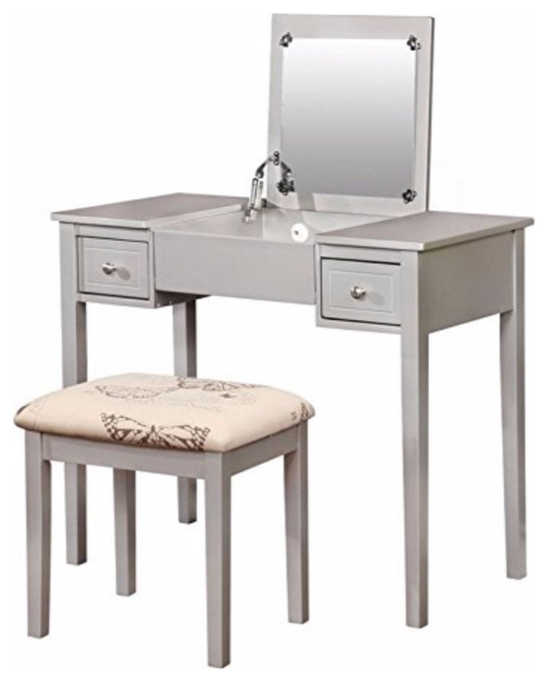 Benzara Wooden Vanity with Flip Top Mirror and Cushioned Stool, Gray ...