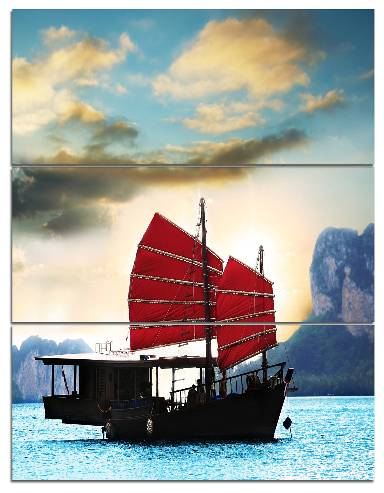 Large Chinese Sailing Ship, Seashore Triptych Canvas Art Print, 28x36 ...
