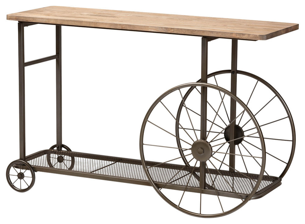 Leon Rustic Natural Wood and Black Metal Wheeled Console Table ...