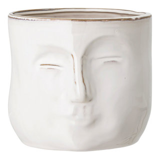 White Stoneware Planter With Face - Farmhouse - Indoor Pots And ...
