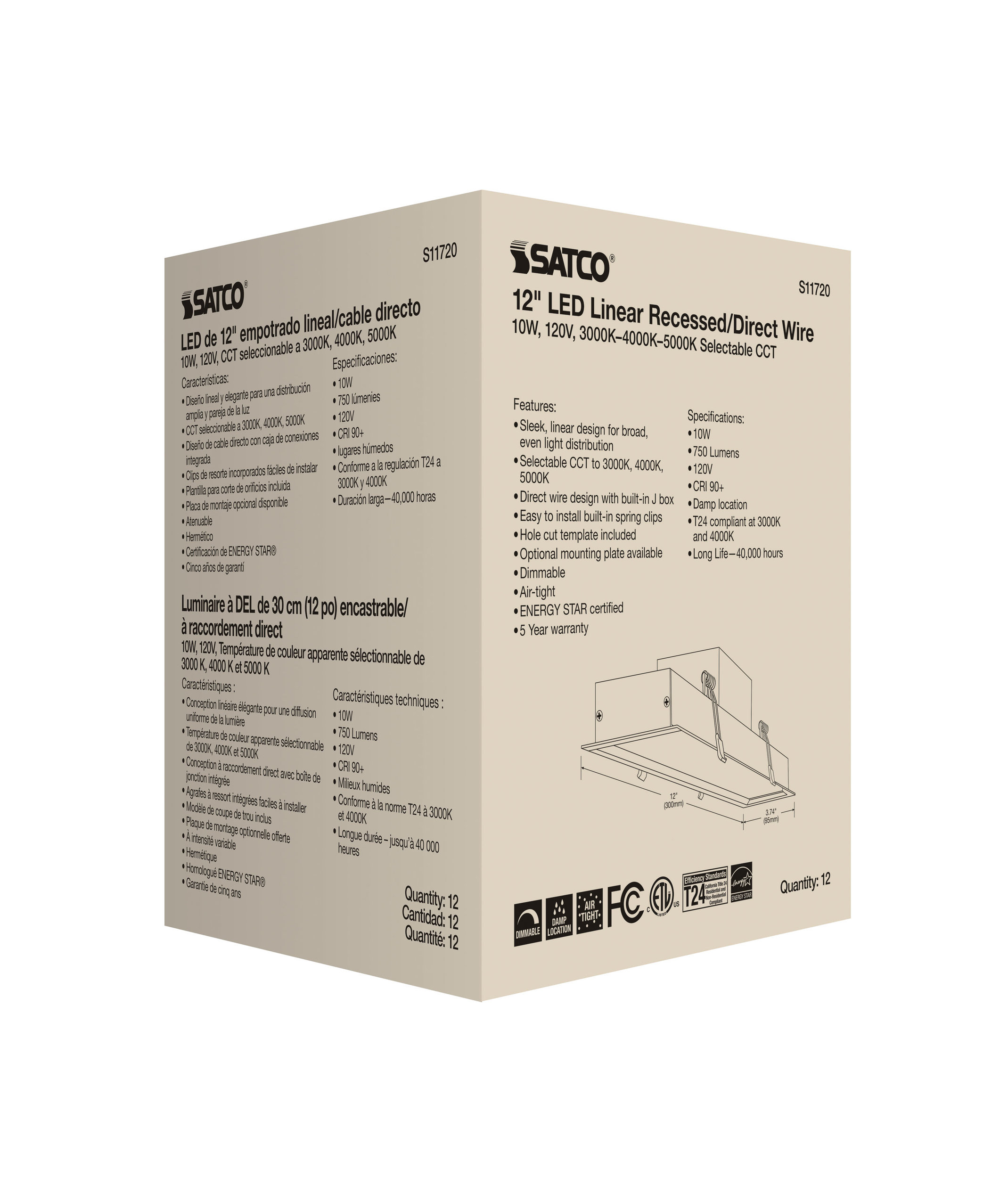 10 Watt LED Direct Wire Linear Downlight - 12 in - Adjustable CCT - 120 ...