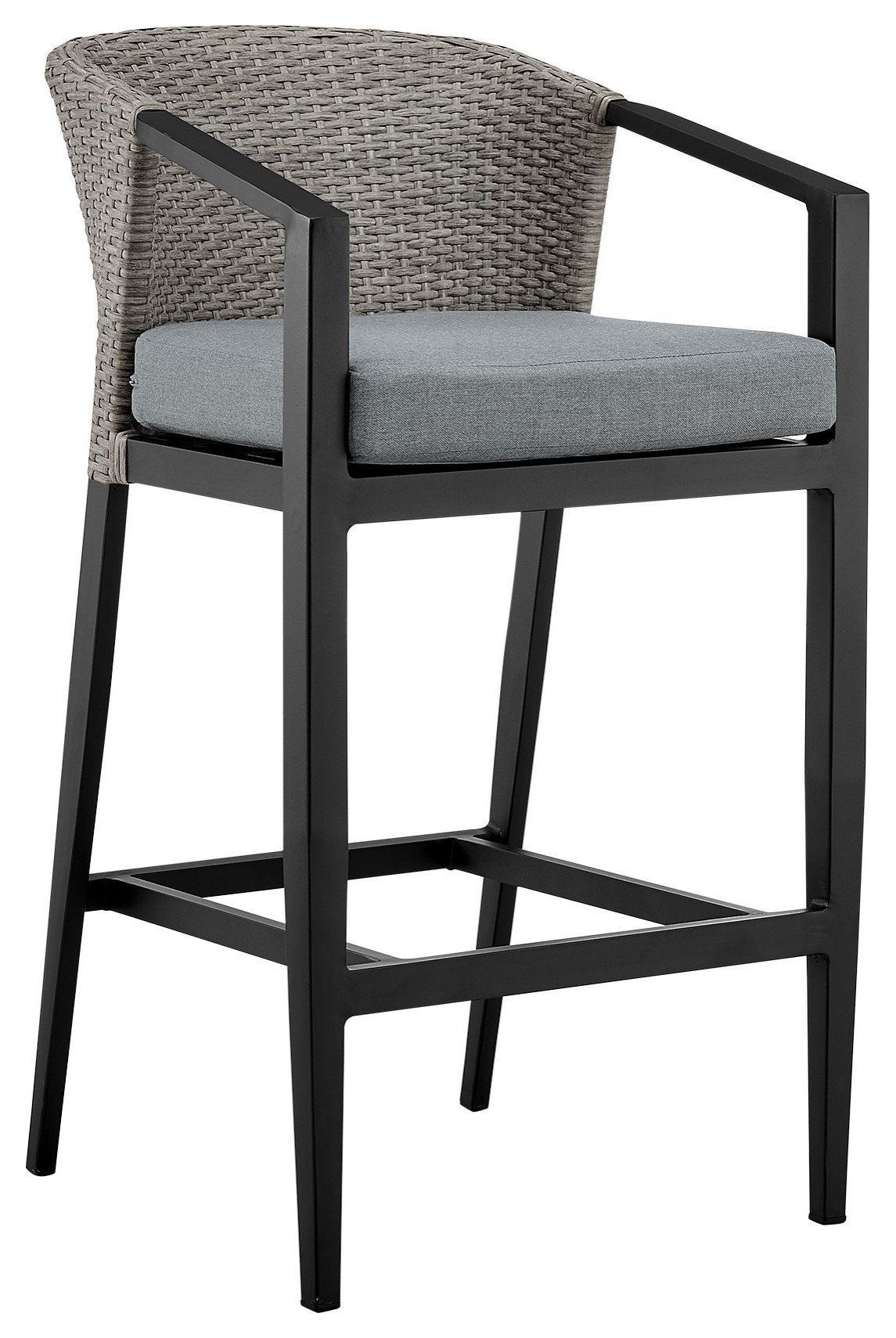 Aileen Outdoor Patio Bar Stool, Aluminum and Wicker With Gray Cushions ...