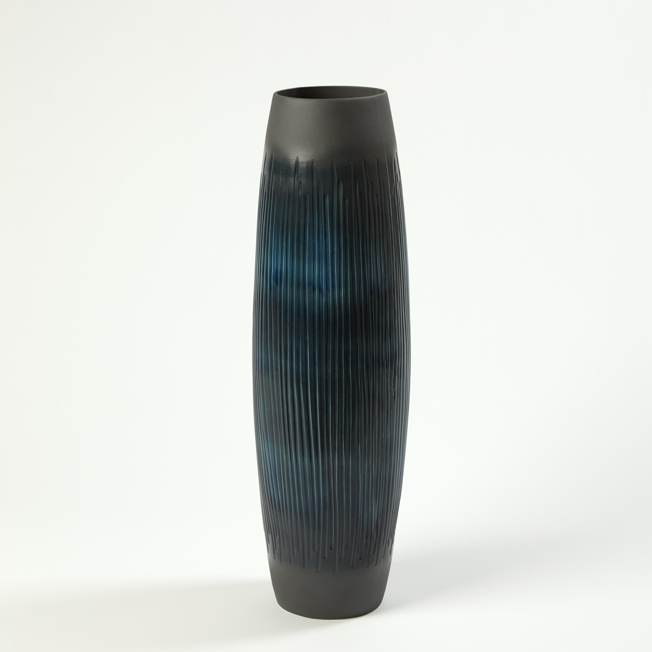 Luxe Denim Ink Blue Tall Ribbed Vase 24" Retro Modern Mid Century ...
