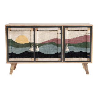 Mango Wood Console With Sunset Scene Woven Rope Doors and Tassels ...
