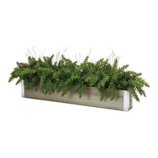 Winter Pine Centerpiece, Wood Planter 29"L - Rustic - Artificial Plants ...