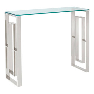 Elegant Console Table, Lattice Accented Stainless Steel Legs & Glass ...