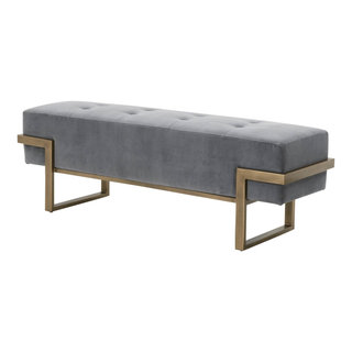 Button Tufted Fabric Upholstered Bench with Metal Base, Gray and Brass ...