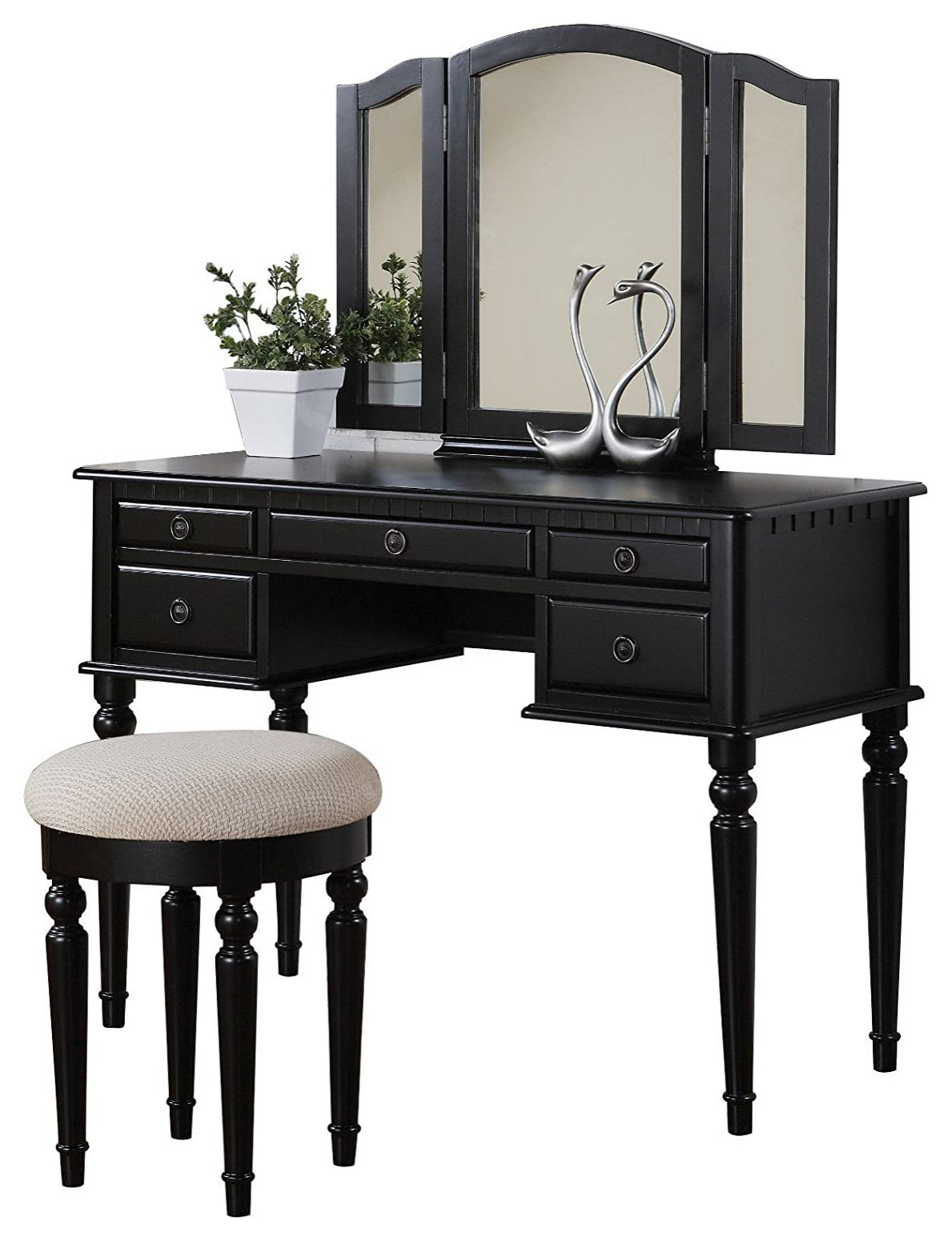 Vanity Table Set with Plush Stool, Folding Mirror & Storage Drawers ...