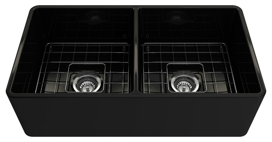 Bocchi Classico 33D Black Fireclay Farmhouse Sink Double Bowl With Grid ...