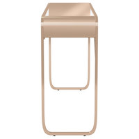 Gold U-Shaped Console Table with Glass Top, Center Shelf, and Rounded ...