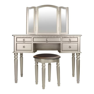 Poundex Furniture Wood Vanity Set with Mirror and Stool in White Color ...