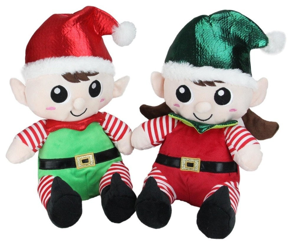 Set of 2 Red Plush Sitting Boy and Girl Christmas Elf Figures 13 ...