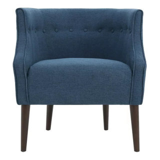 Classic Navy Blue Barrel Club Chair with Button Tufting and Espresso ...