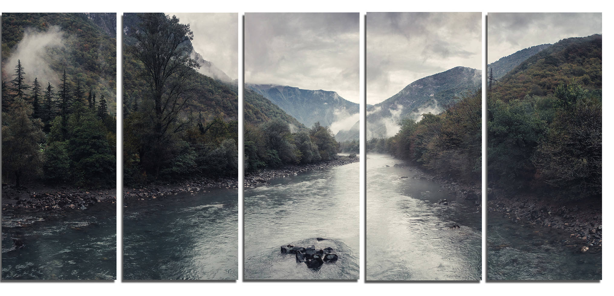 "Mountain River With Fog and Rain" Metal Wall Art, 60"x28" 5 Panel ...