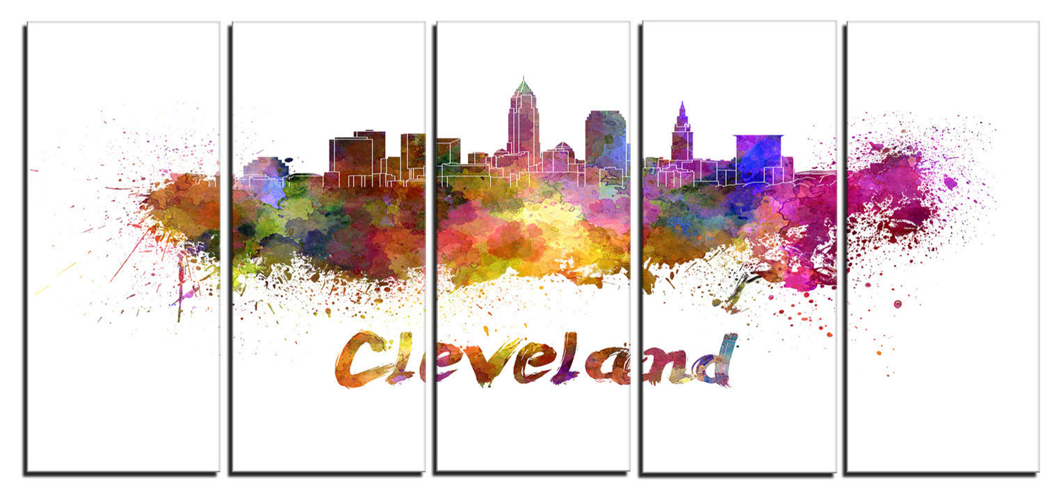 "Cleveland Skyline" Cityscape Canvas Artwork Print, 60"x28", 5 Panels ...