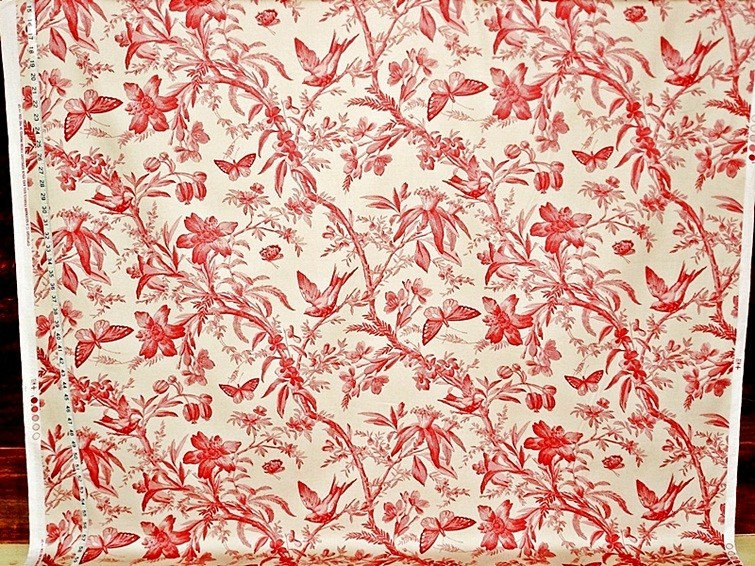 Red Toile Fabric Bird Butterfly Passion Flowers, Standard Cut ...