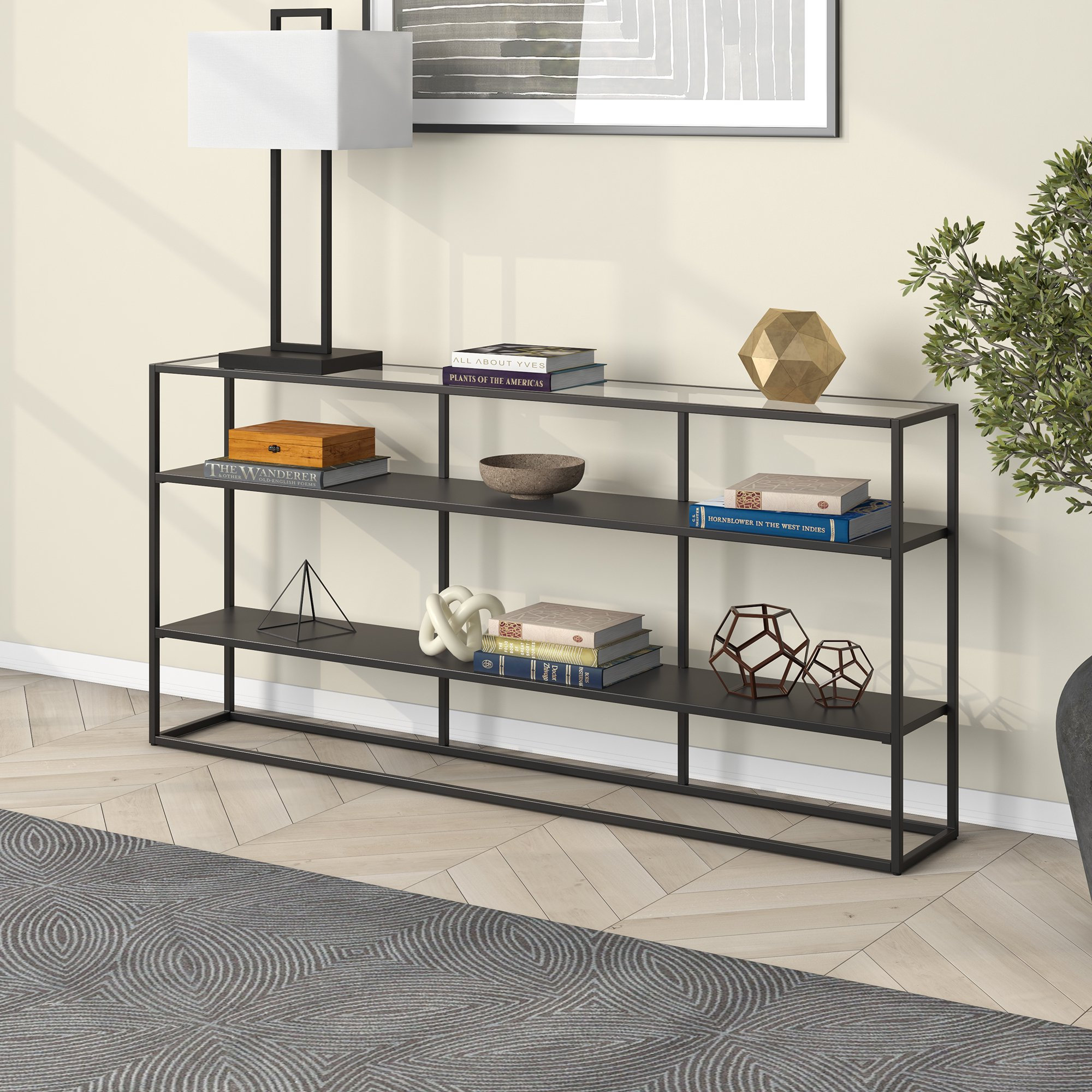 Modern Console Table, Wooden Open Shelves & Tempered Glass Top ...