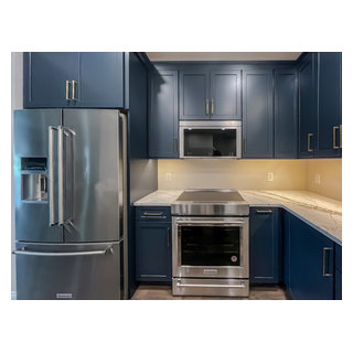 Basement Kitchenette with Navy Cabinets and Verde Peak Quartz ...