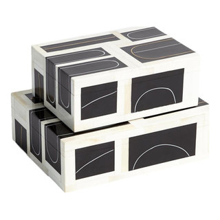 2-Piece Mid Century Modern Decorative Box Set, Black/White Gold Inlaid ...