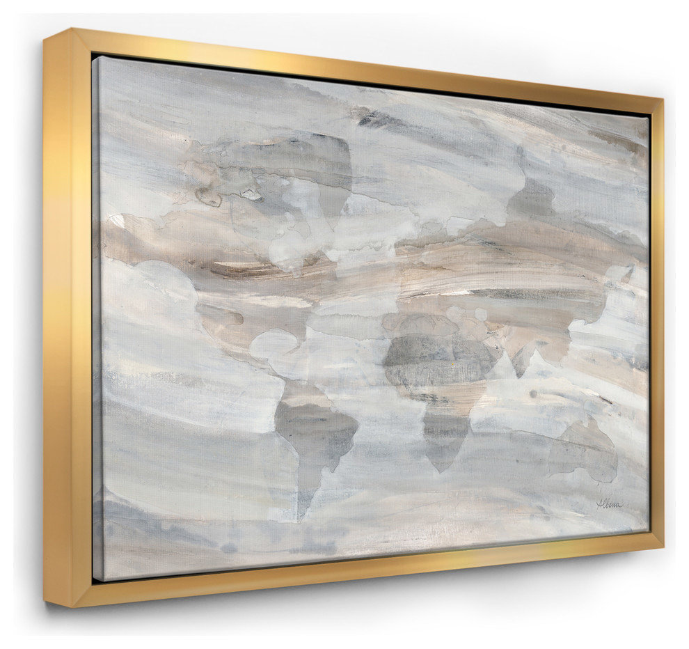 Designart Misty World Map Glam Map Framed Canvas Art, 46x36 ...