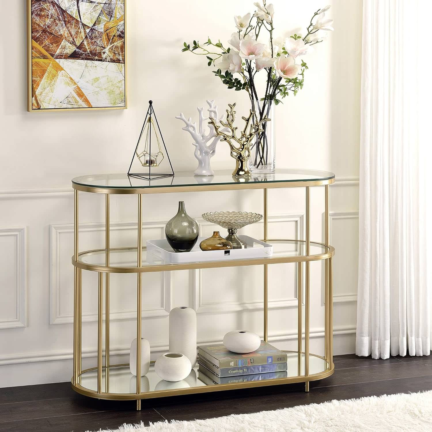 Modern Industrial Console Table, Oval Design With Golden Frame & 3 ...