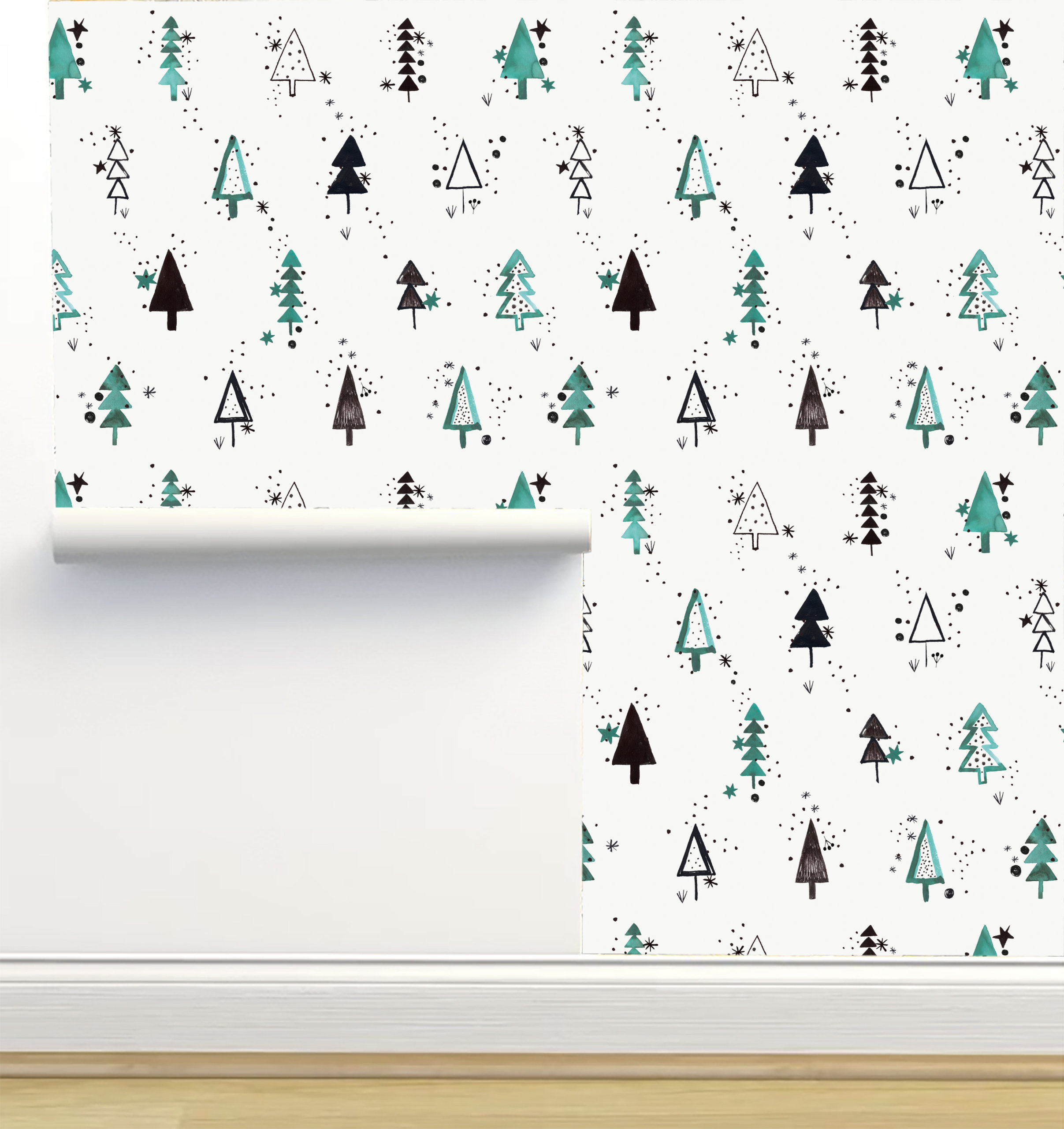 Winter Trees White Teal Wallpaper by Ninola Designs, 24"x72 ...