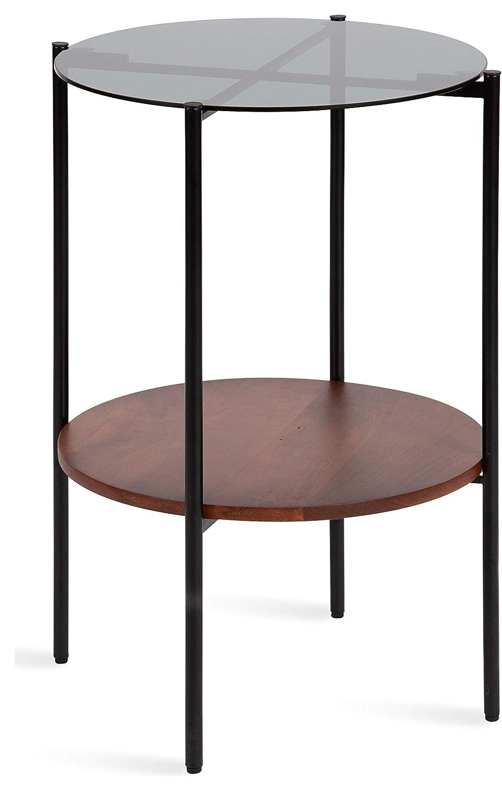 Modern End Table, Metal Frame With Walnut Brown Wooden Shelf & Tinted ...