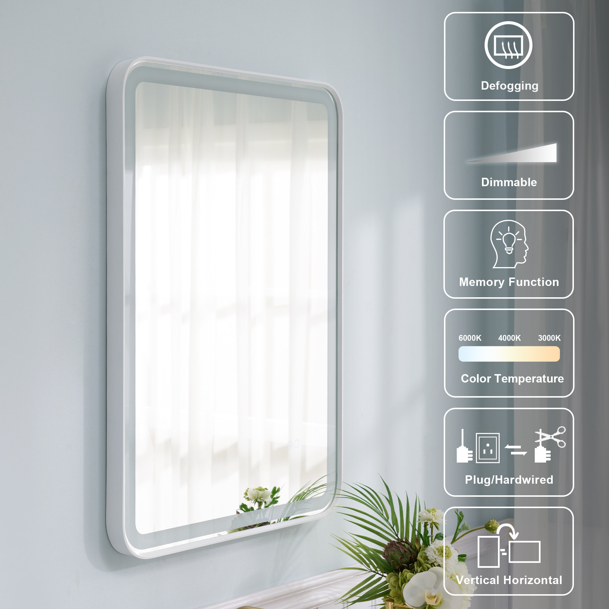 Soft Corners LED Bath Mirror with Lights, Defogger, Dimmer, 24"x32 ...