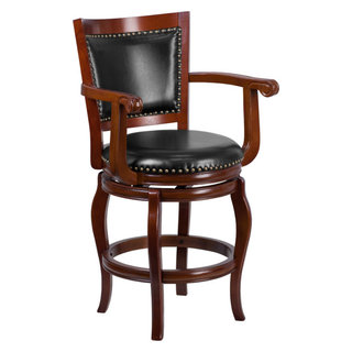 26'' High Cherry Wood Counter Height Stool, Panel Back,Black Leather ...