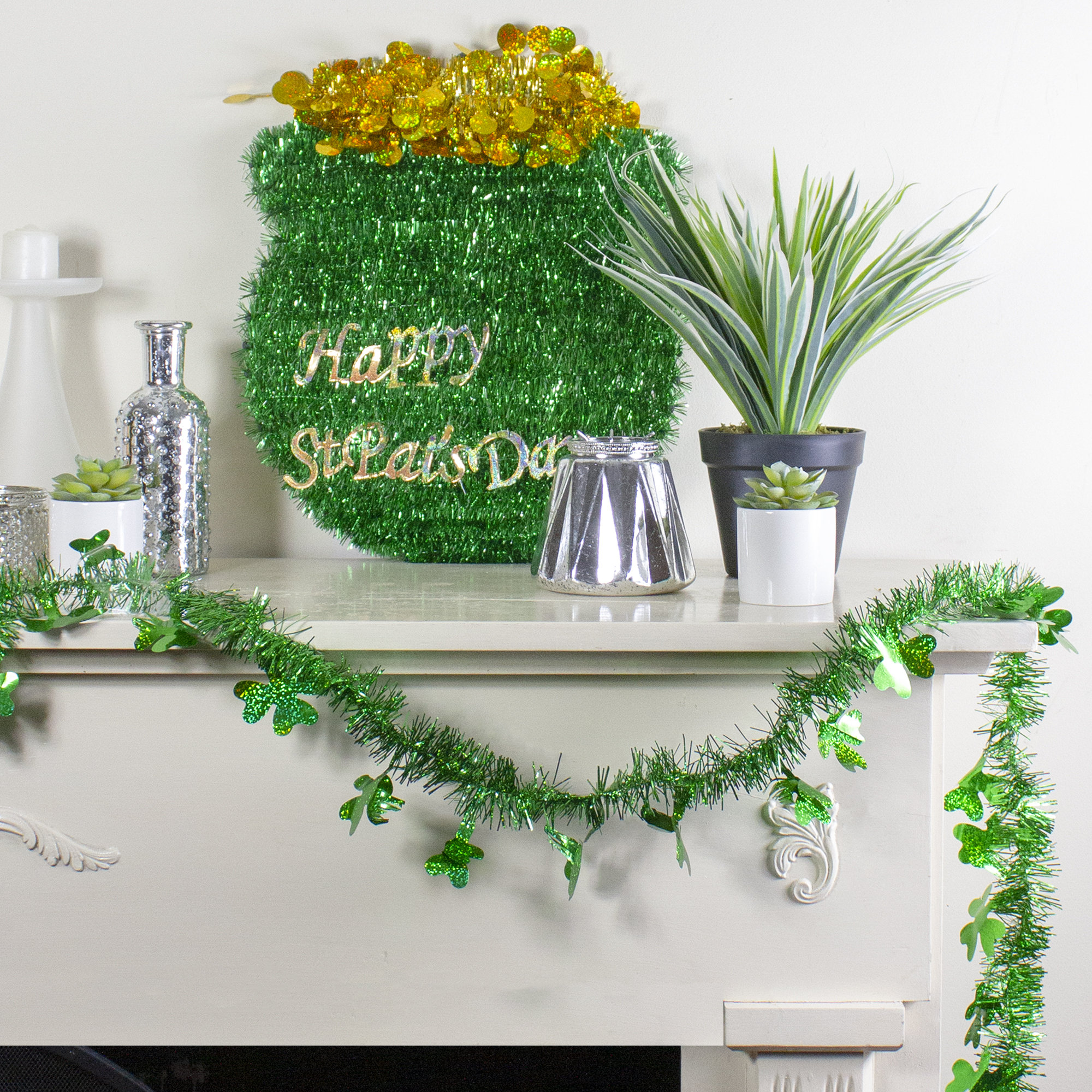 25' x 2" Green Tinsel Irish Shamrock Artificial St. Patrick's Day ...